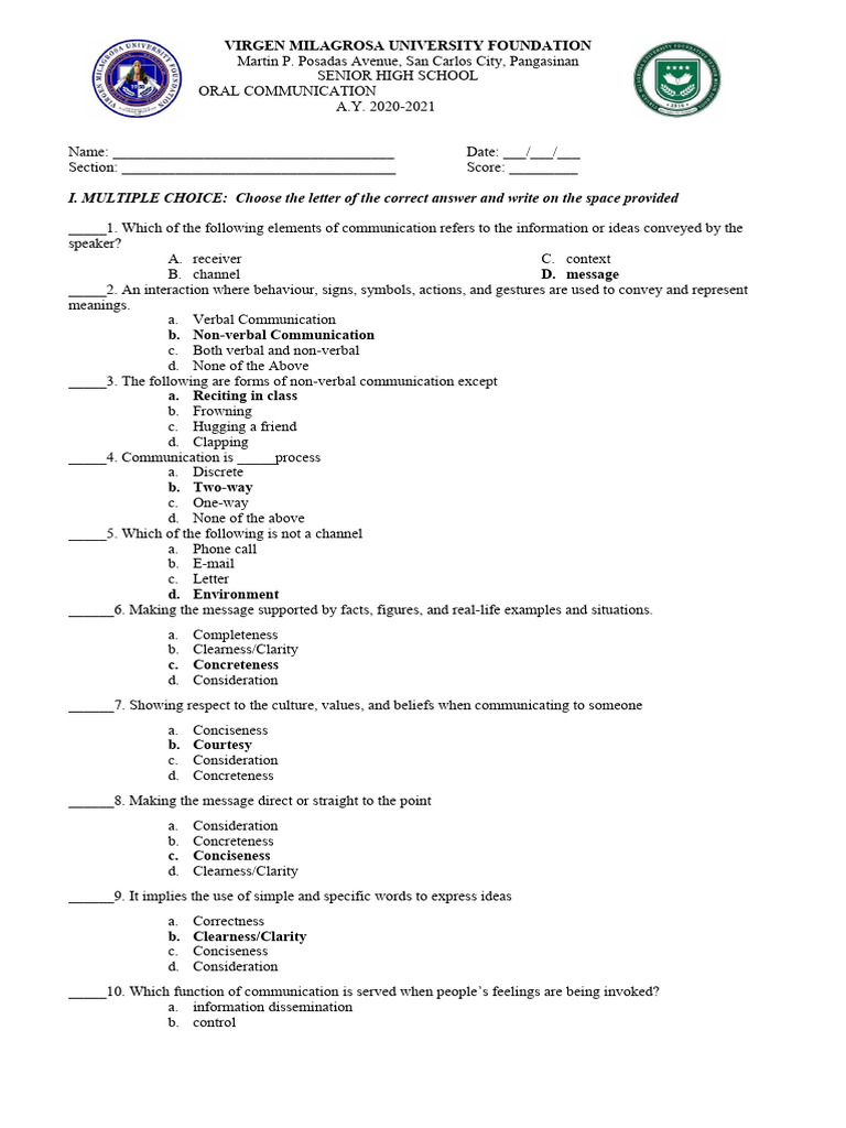 Oral Communication 15 Test Questions | PDF | Communication | Nonverbal ...