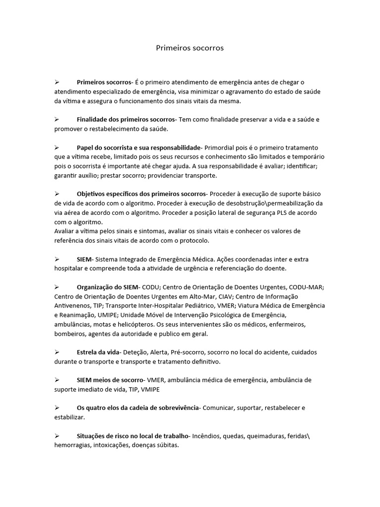 Suporte Básico De Vida E Primeiros Socorros Preparação Para O Teste