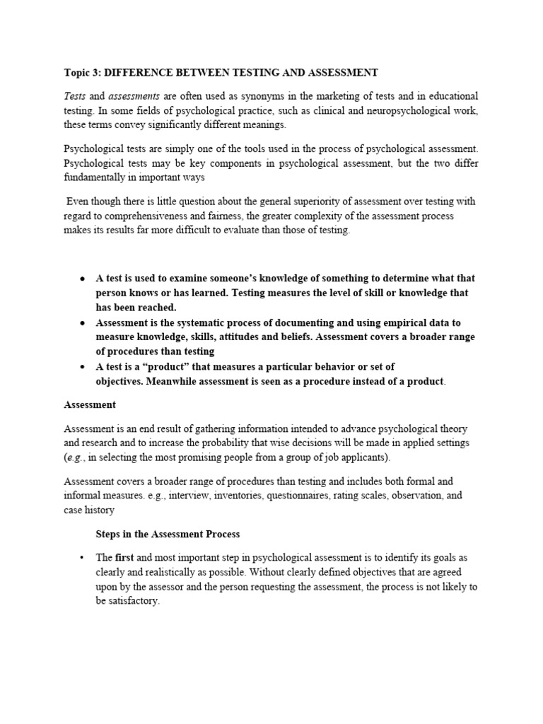 Difference Between Testing and Assessment | PDF | Educational ...