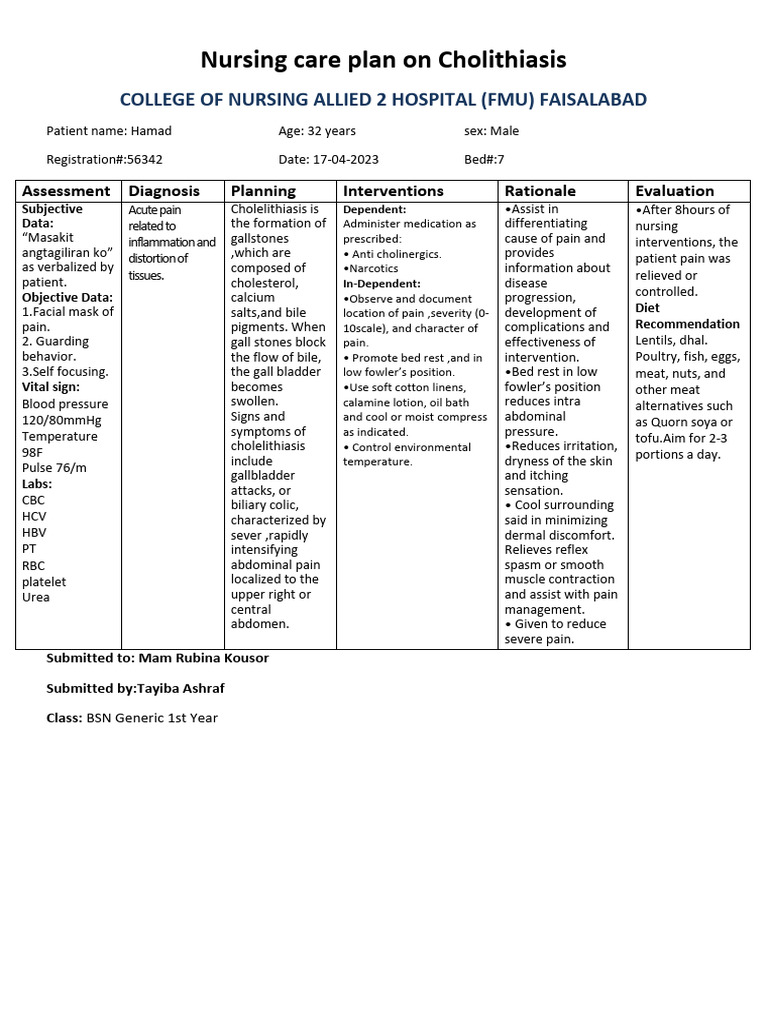 Nursing Care Plan for Cholelithiasis | PDF | Clinical Medicine | Diseases And Disorders