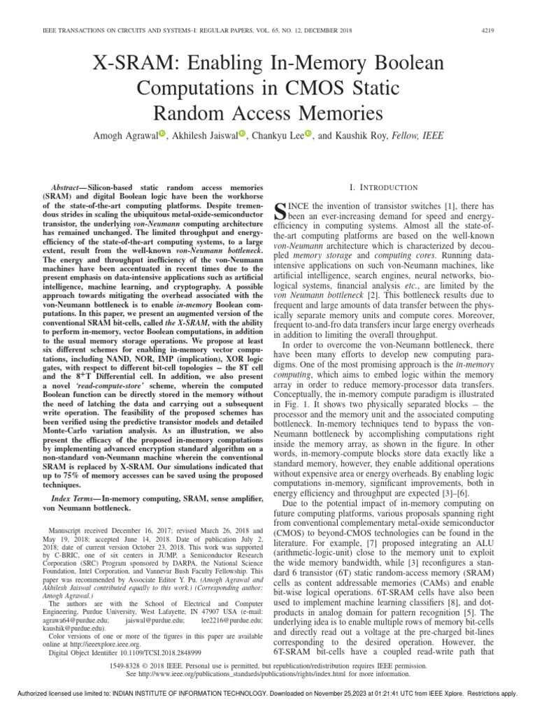 X-SRAM Enabling In-Memory Boolean Computations in CMOS Static Random Access Memories | PDF ...