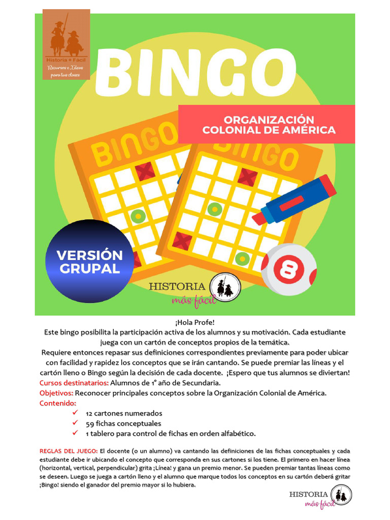 Bingo Organizacion Colonial Grupal | Descargar gratis PDF | Nueva ...