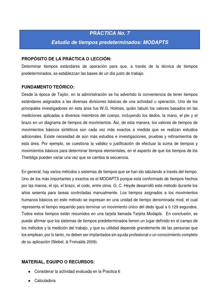 Práctica 7. Estudio de Tiempos Predeterminados MODAPTS | PDF | Tornillo