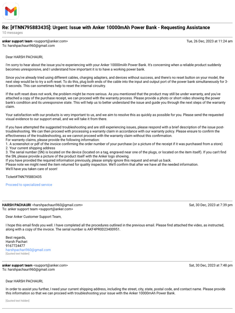 Gmail - Re - (#TNN795883435) - Urgent - Issue With Anker 10000mah Power Bank - Requesting ...