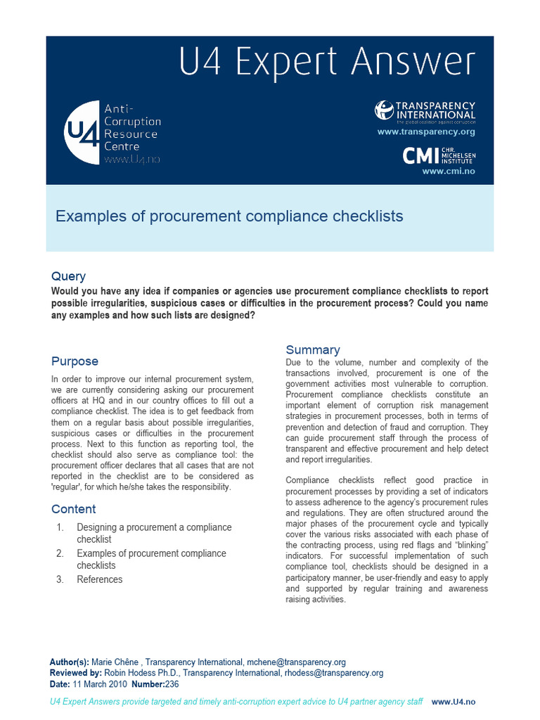 Procurement Compliance Checklist Guide | PDF | Procurement | Bribery