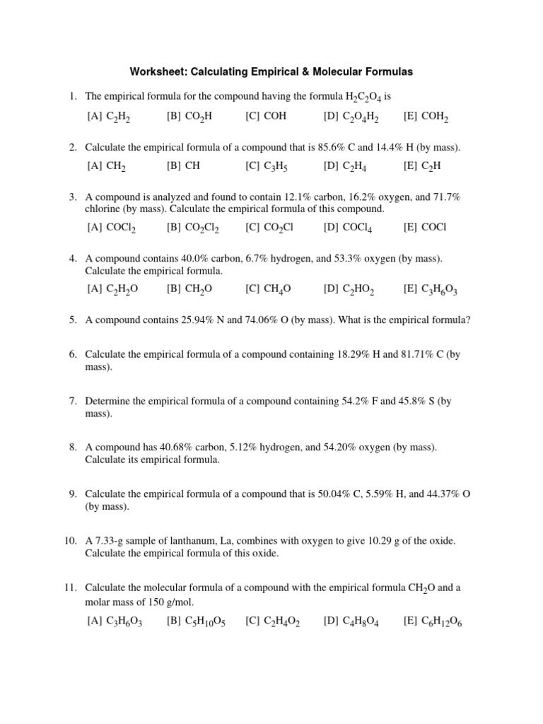 Wksht Emp Molec Formulas And Answers Pdf Molecules Mole Unit