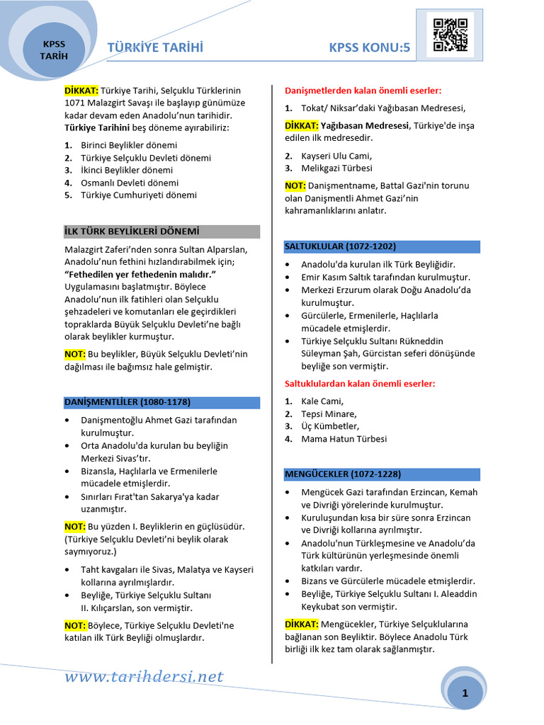 TÃ Rkiye Tarihi Ders NotlarÄ PDF Ä°ndir | PDF