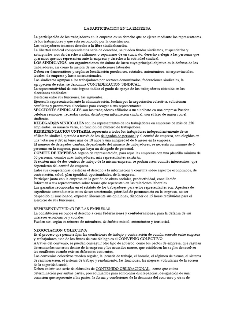 La Participacion en La Empresa Fol Tema 7 | PDF | Sindicato | Derecho laboral