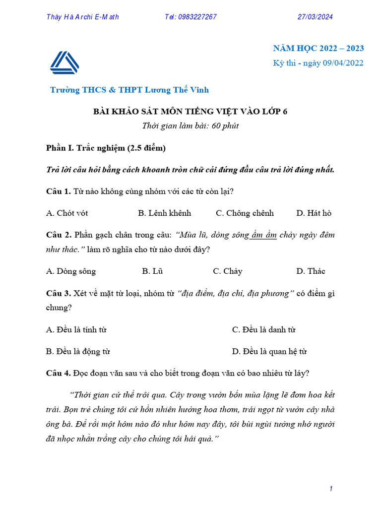 De Thi Vao Lop 6 Mon Tieng Viet Truong Luong The Vinh 2022 Co Dap An