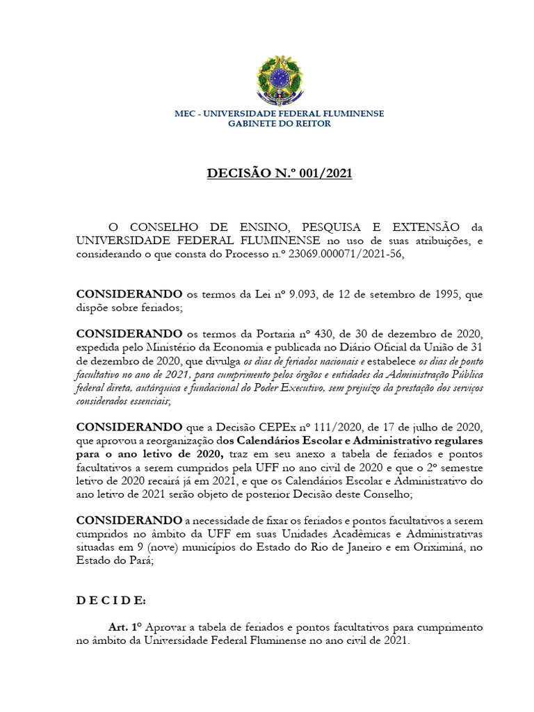 Tabela Feriados UFF 2021 | PDF | Brasil