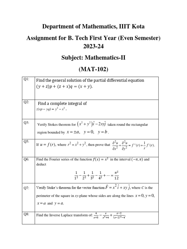 Assignment MAT102 2023-24 | PDF | Laplace Transform | Fourier Series