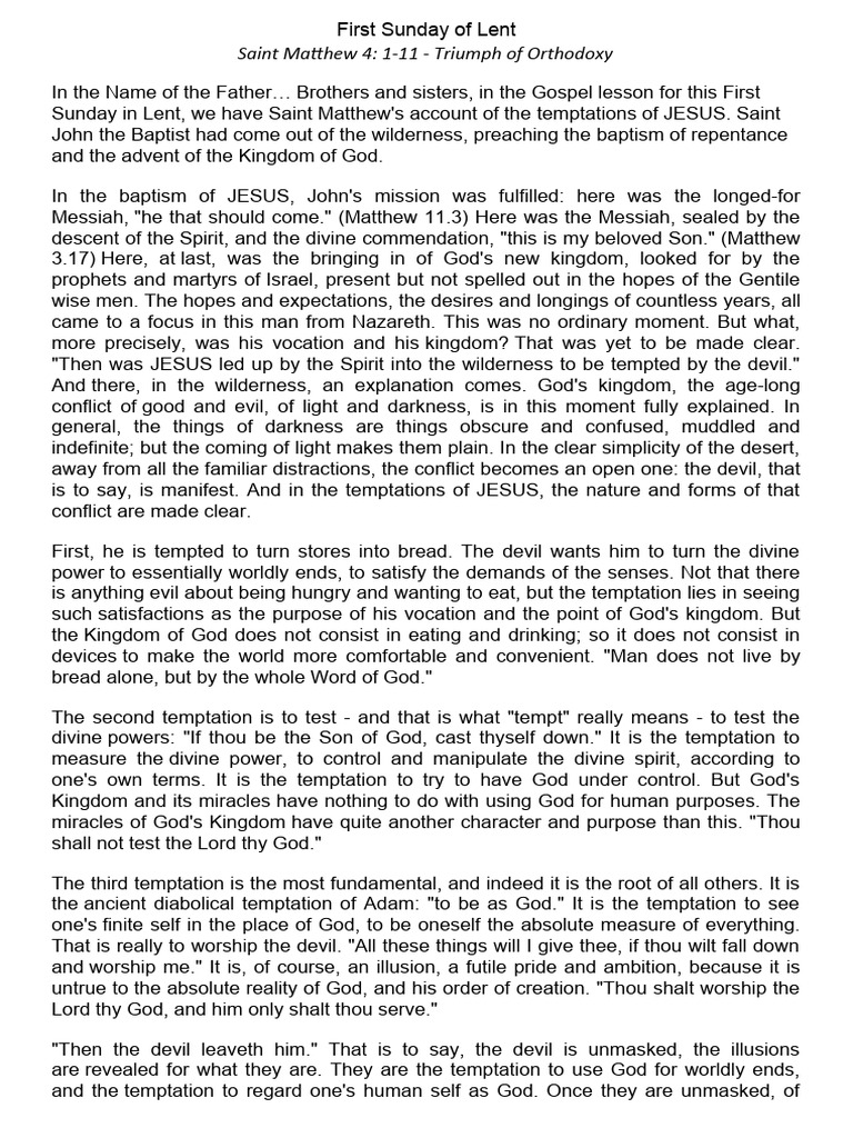 Homily For 1st Sunday of Lent | PDF | Jesus | Gospel Of Matthew