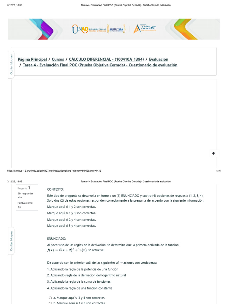 Tarea 4 - Evaluación Final POC (Prueba Objetiva Cerrada) - Cuestionario de Evaluación | PDF ...