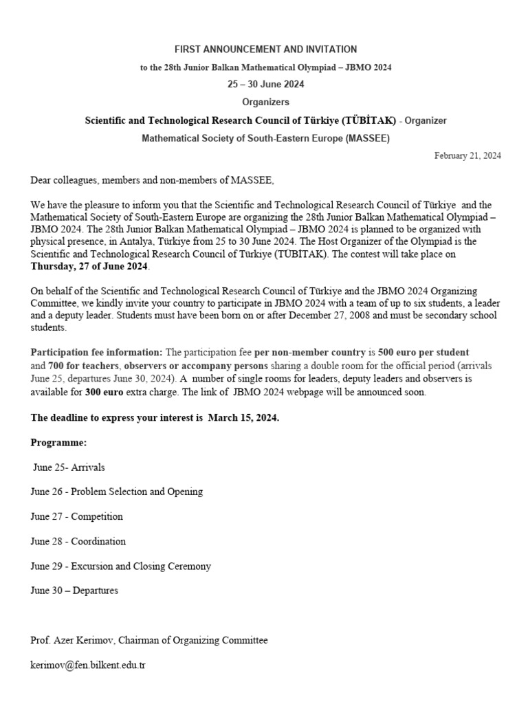 JBMO 2024 First Announcement 5 | PDF