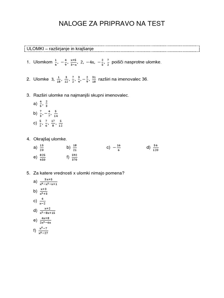 NALOGE ZA PRIPRAVO NA TEST - 1. Letnik (2. TEST - 2.del) | PDF