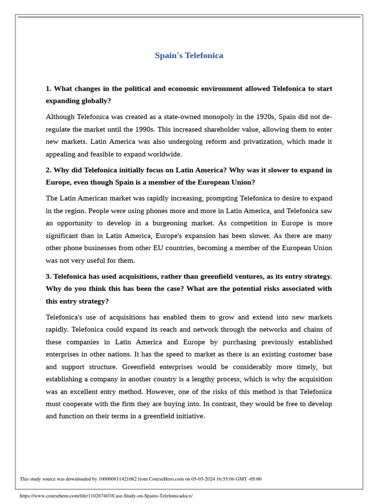 Case Study On Spain S Telefonica | PDF | European Union | Mergers And Acquisitions
