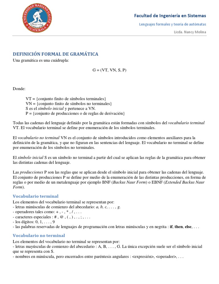 Definición Formal de Gramática | PDF
