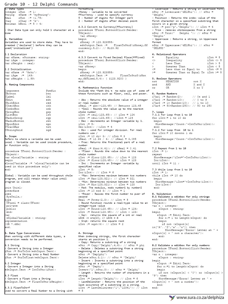 Delphi Cram Sheet Gr12 IT | PDF | Data Type | String (Computer Science)