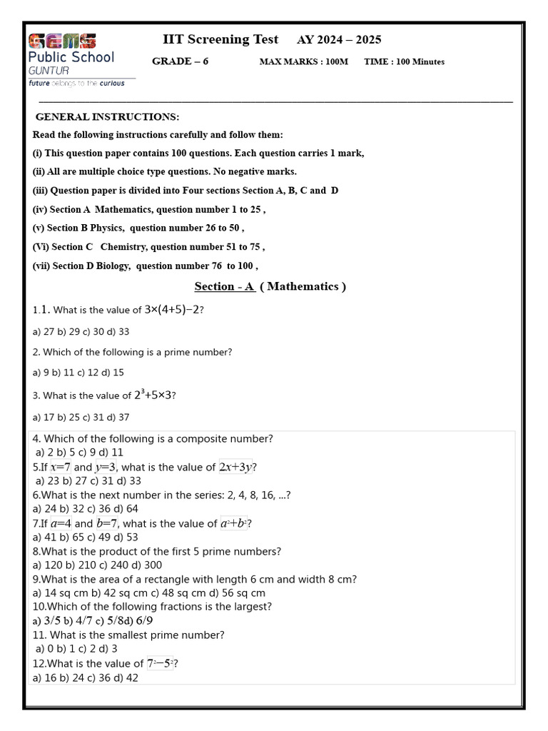 IIT SCREENING TEST - Gread -6 (Math) | PDF | Area | Elementary Mathematics
