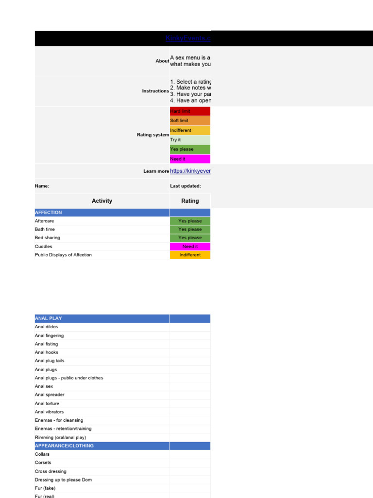 Kinky Events Sex Menu Template Pdf Clitoris Orgasm