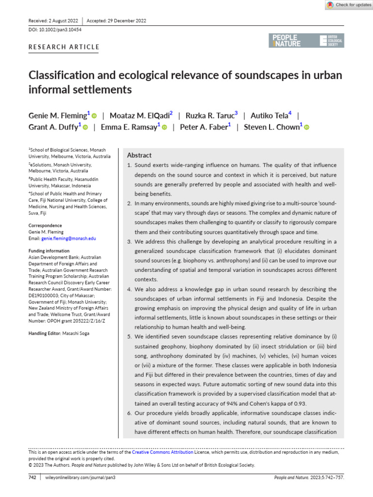 People and Nature - 2023 - Fleming - Classification and Ecological Relevance of Soundscapes in ...
