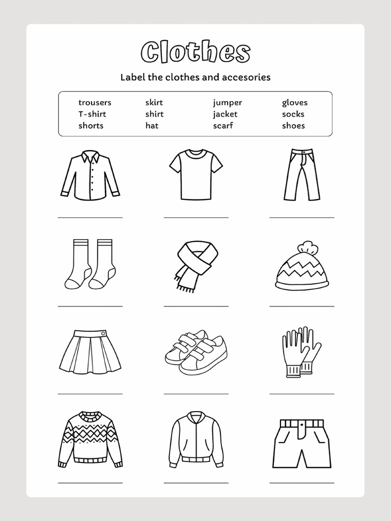 Clothes Worksheet in Black and White Illustrative Style | PDF