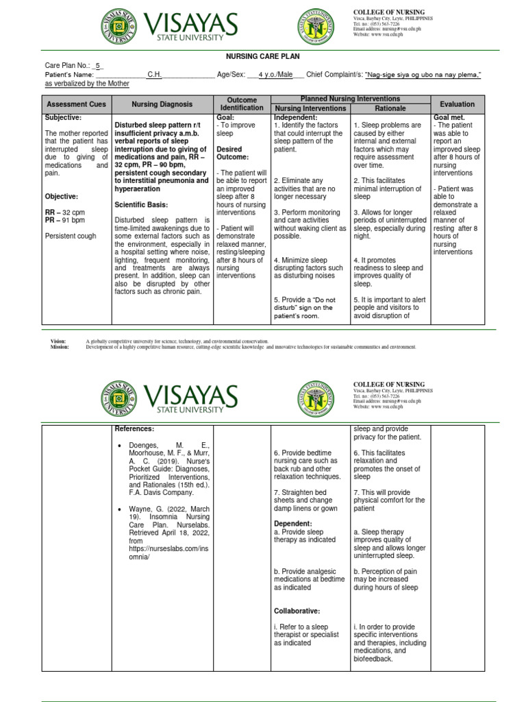 NCP#5-Disturbed Sleep Pattern | PDF | Sleep | Nursing