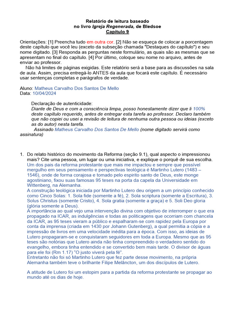 Relatório de Leitura: Igreja Regenerada Cap. 9 | PDF | Bíblia | Martinho Lutero