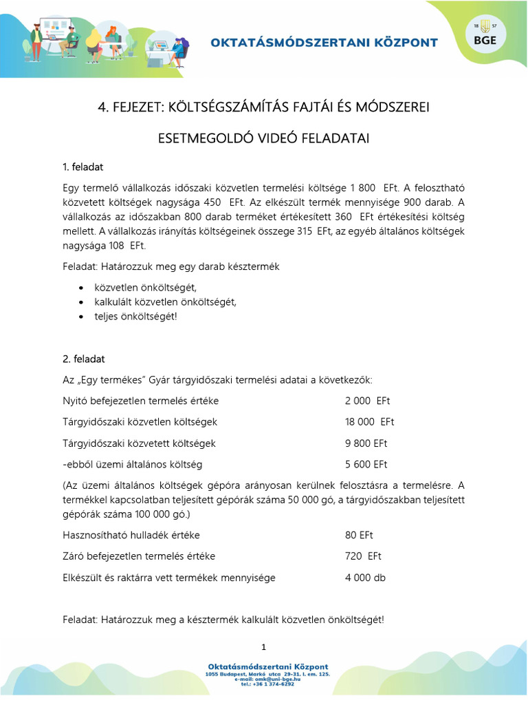 4.fejezet - Költségszámítás Fajtái És Módszerei - Esetmegoldó Feladatok | PDF