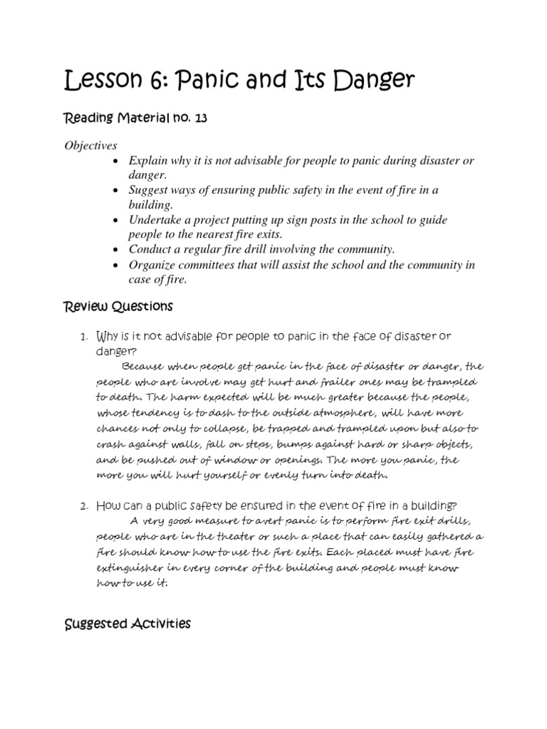 Lesson 6: Panic and Its Danger: Objectives Danger. Building. People To ...
