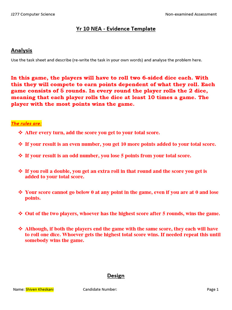NEA Evidence Template | PDF | Computer Science | Computing