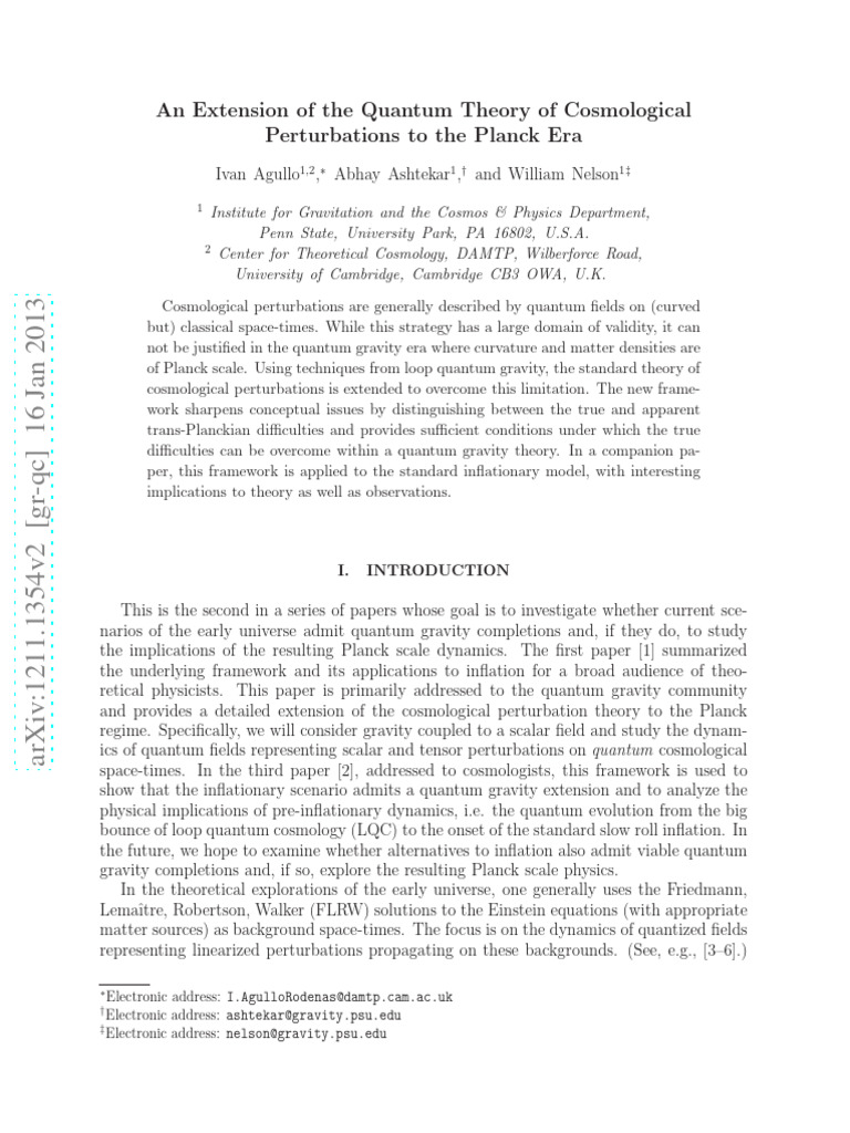 An Extension of The Quantum Theory of Cosmological Perturbations To The Planck Era | PDF ...