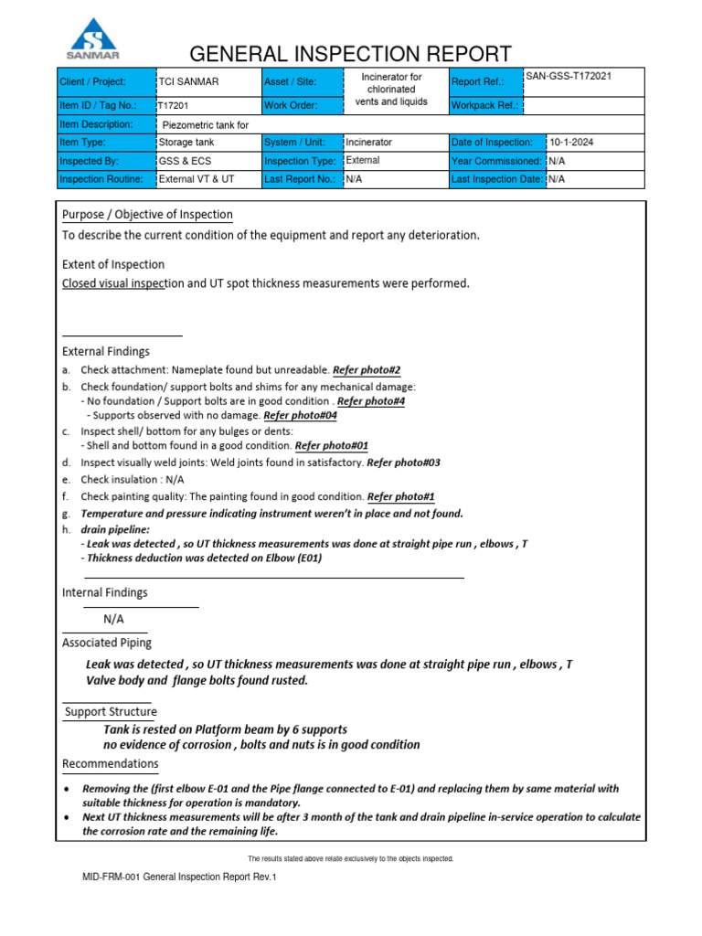 Incinerator Inspection Report for TCI Sanmar | PDF | Stainless Steel ...