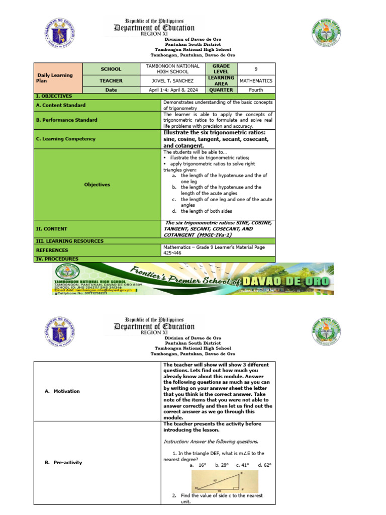 DLP MATH9 W1-4thquarter | PDF | Trigonometric Functions | Trigonometry
