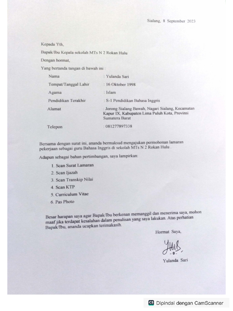 Surat Lamaran MTs | PDF