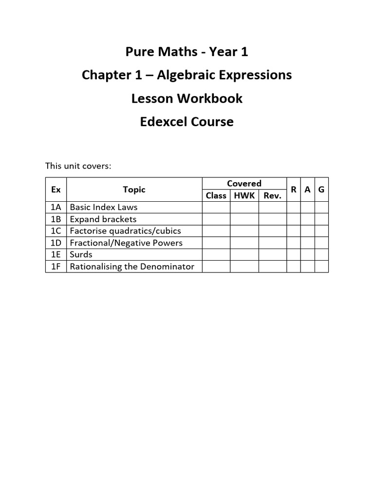 Pure 1 Chapter 1 Algebraic Expressions | PDF | Factorization | Numbers