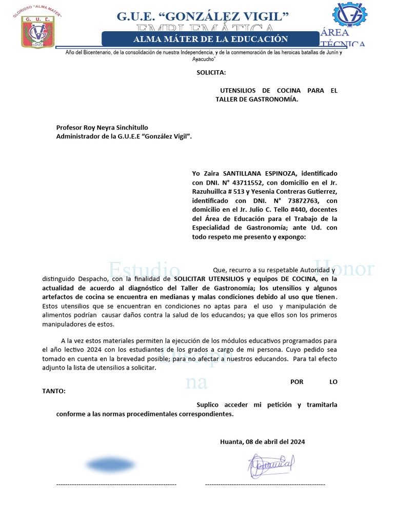 Solicitud - Requerimiento de Utensilios de Cocina 2 | PDF | Rieles | Materiales de construcción