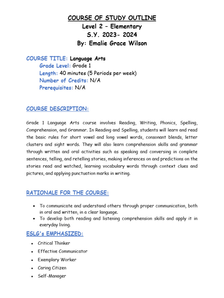 g1 Language Arts Course Outline 2023-2024 | PDF | Phonics | Reading ...