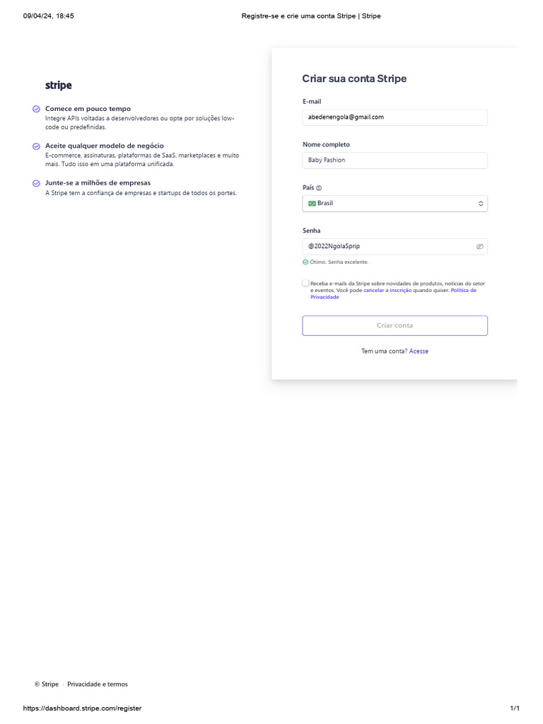 Registre-Se e Crie Uma Conta Stripe - Stripe | PDF