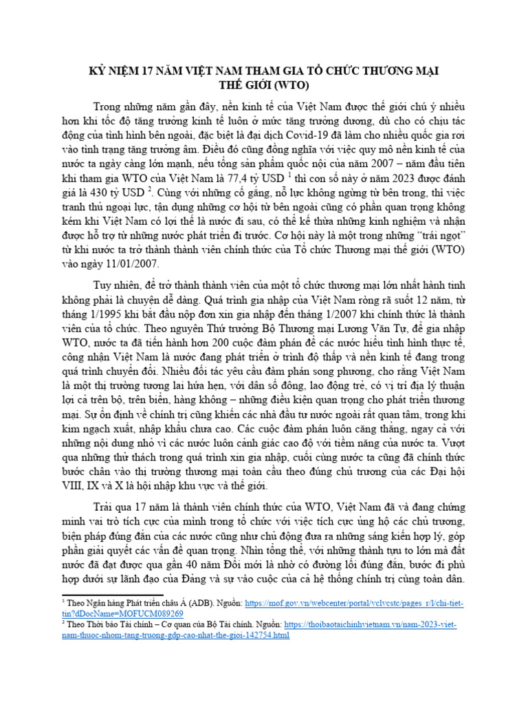 SHT - Kỷ niệm 17 năm Việt Nam gia nhập WTO | PDF
