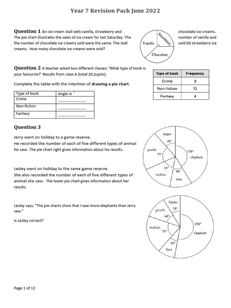 Yr 7 Revision Pack June 2023 | PDF | Pie Chart