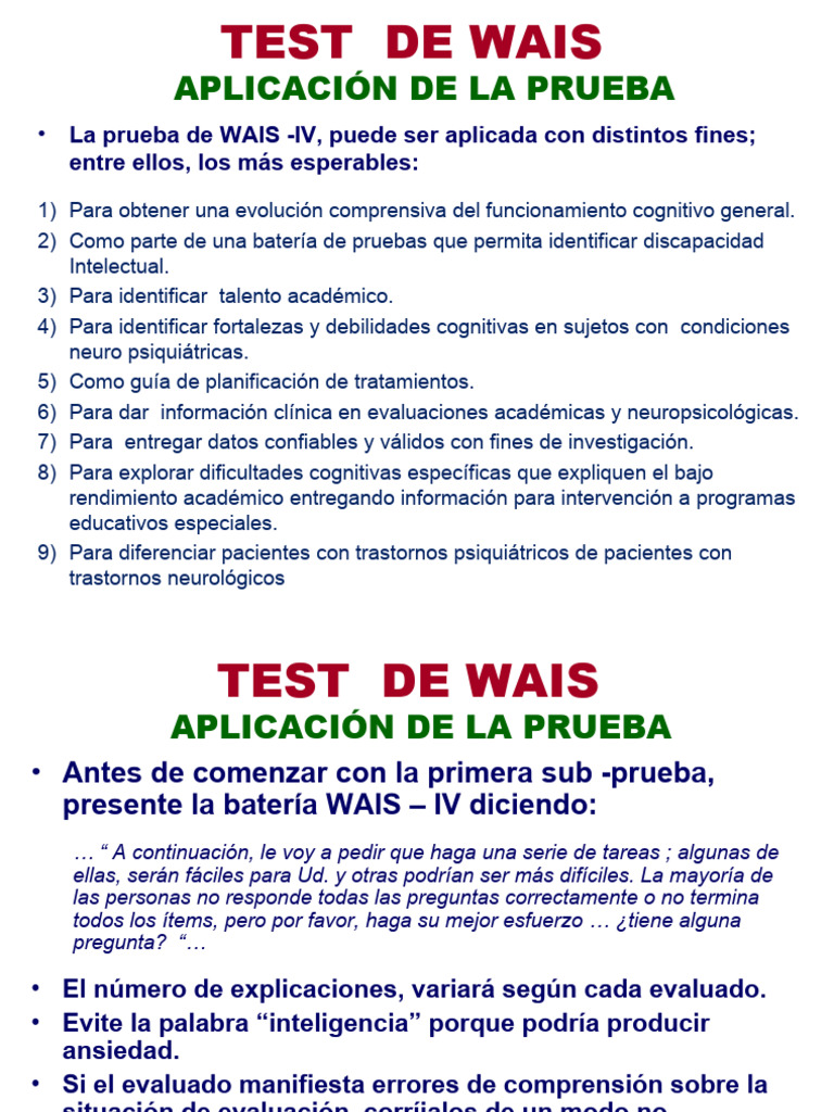 Test Wais Iv Aplicación | PDF | Neurología | Ciencia cognitiva