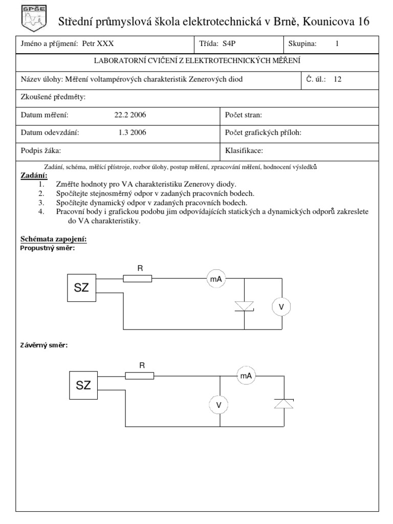 Protokol Od Dibur - X Měření Charakteristik Zenerovy Diody PR | PDF