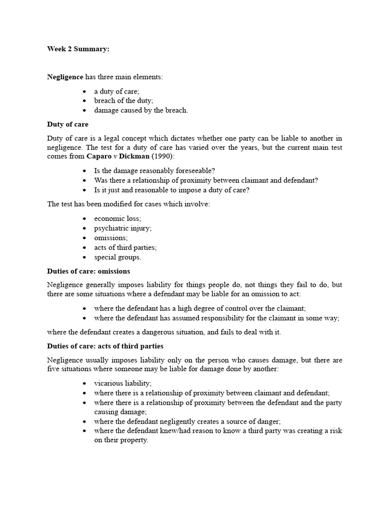 Week 2 Summary | PDF | Negligence | Legal Liability