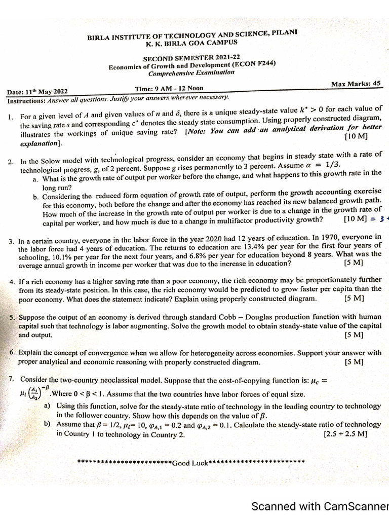 Econ F244 EGD Compre QP 2021-22 | PDF