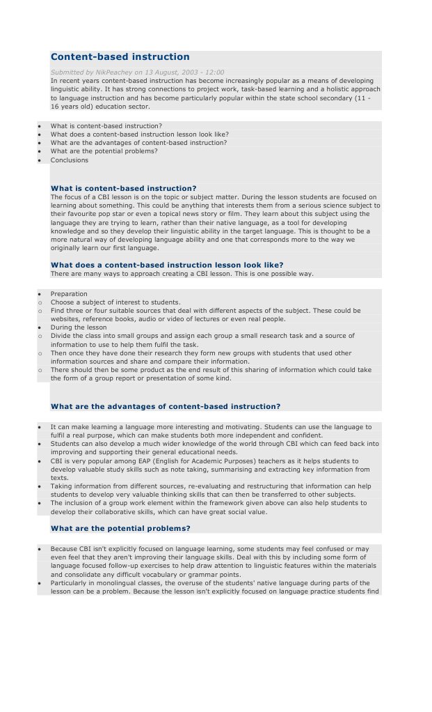 Content Based Instruction | PDF | English As A Second Or Foreign ...