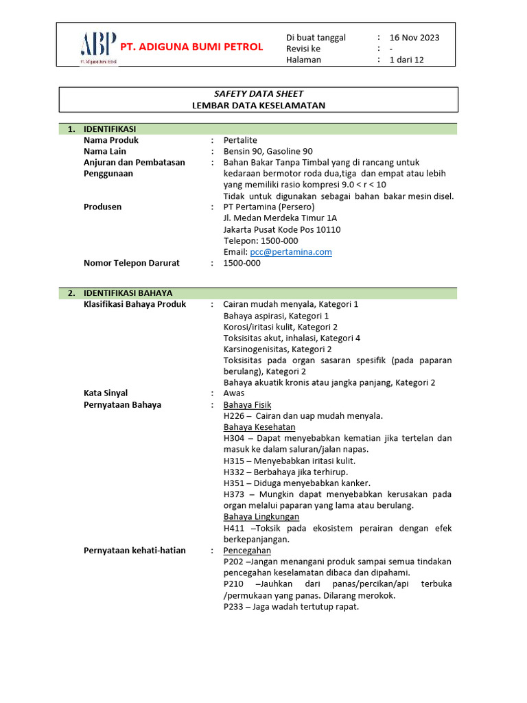 Lembar Keselamatan Pertalite | PDF