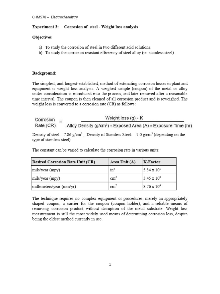 Experiment 3 Corrosion Of Steel Weight Loss Analysis Pdf