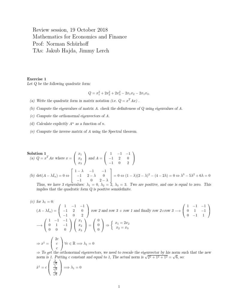 review_19102018_solution | PDF | Eigenvalues And Eigenvectors | Matrix (Mathematics)