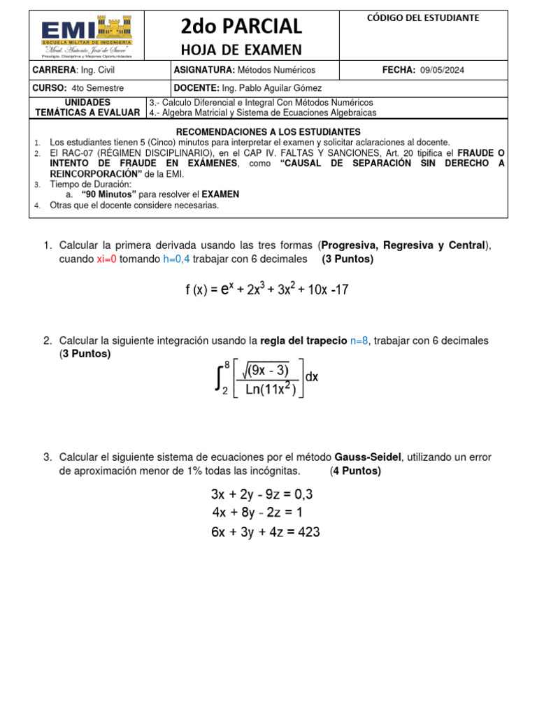 2do Parcial 09-05-24 Metodos Numericos - I-2024 | PDF